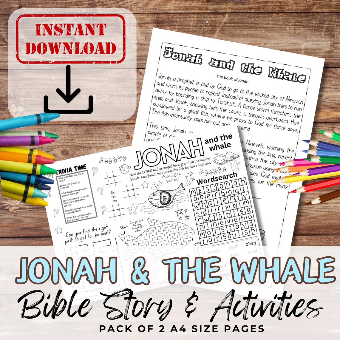 JONAH & the WHALE Bible Story and Activity Sheet for Kids. Church ...
