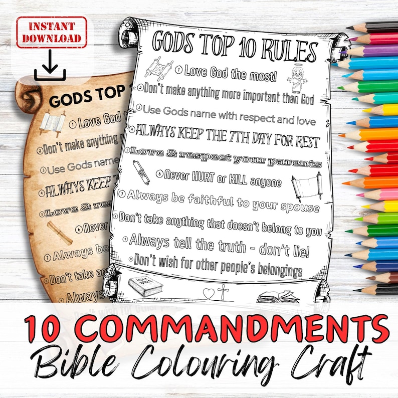 10 COMMANDMENTS SCROLL Bible Verse Colouring Sheet Activity Poster for ...