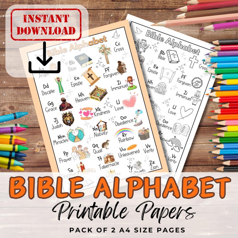 KIDS BIBLE ALPHABET Poster & Colouring Activity. Educational Teach and ...