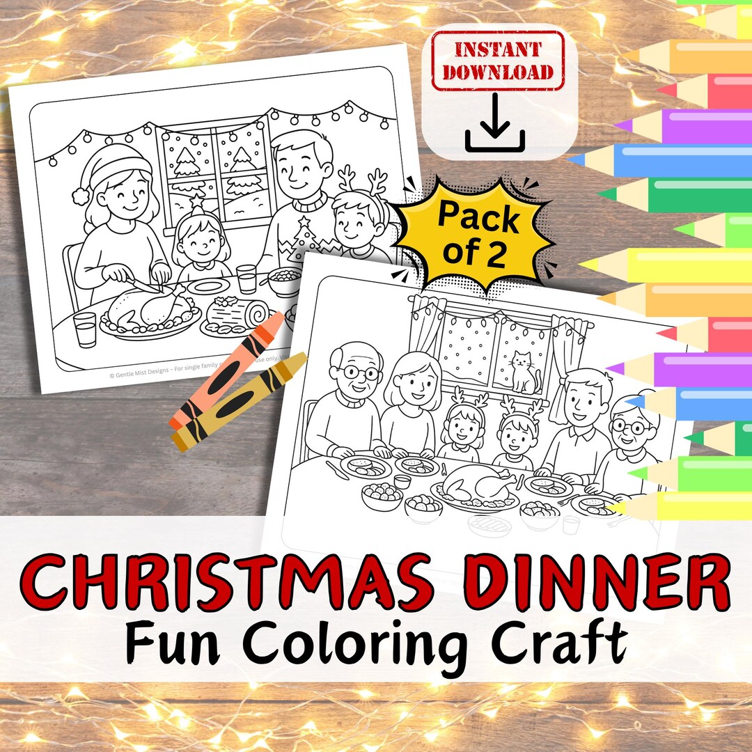 CHRISTMAS FAMILY DINNER Coloring Pages for Kids. Fun Cute Holiday Art ...