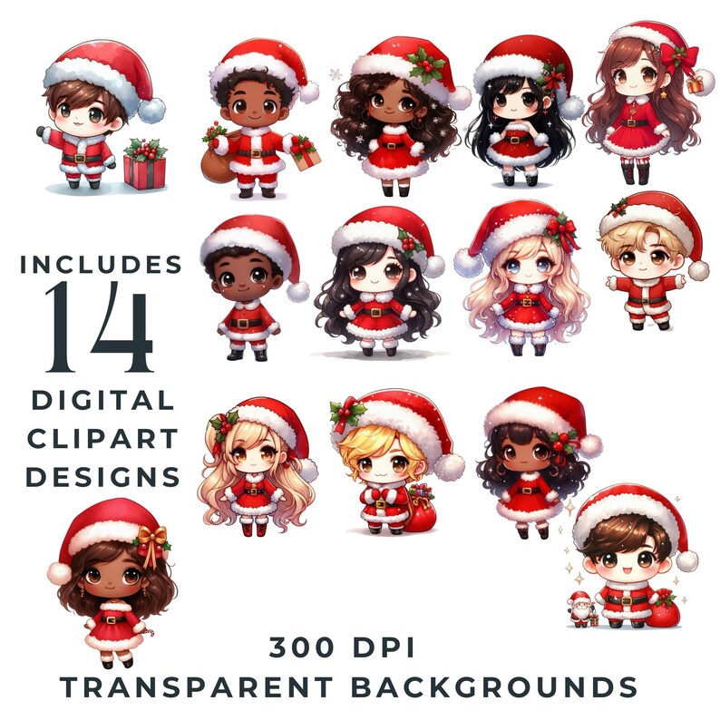 CHIBI SANTA Christmas Clipart Pack. Anime Kids Junk Journal Card Making ...