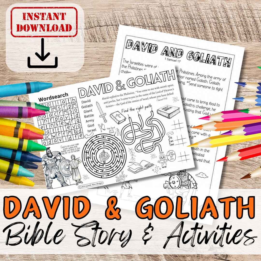 DAVID & GOLIATH Bible Story and Activity Sheet for Kids. Church Sunday ...