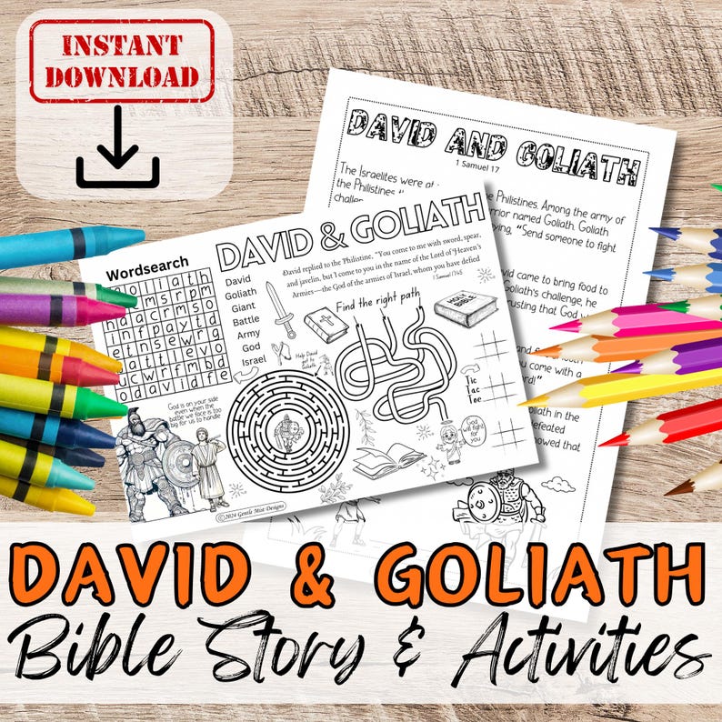 DAVID & GOLIATH Bible Story and Activity Sheet for Kids. Church Sunday ...