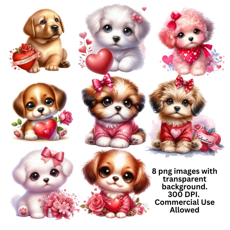CUTE VALENTINE PUPPIES Clipart Pack. Kawaii Dogs Junk Journal Card ...