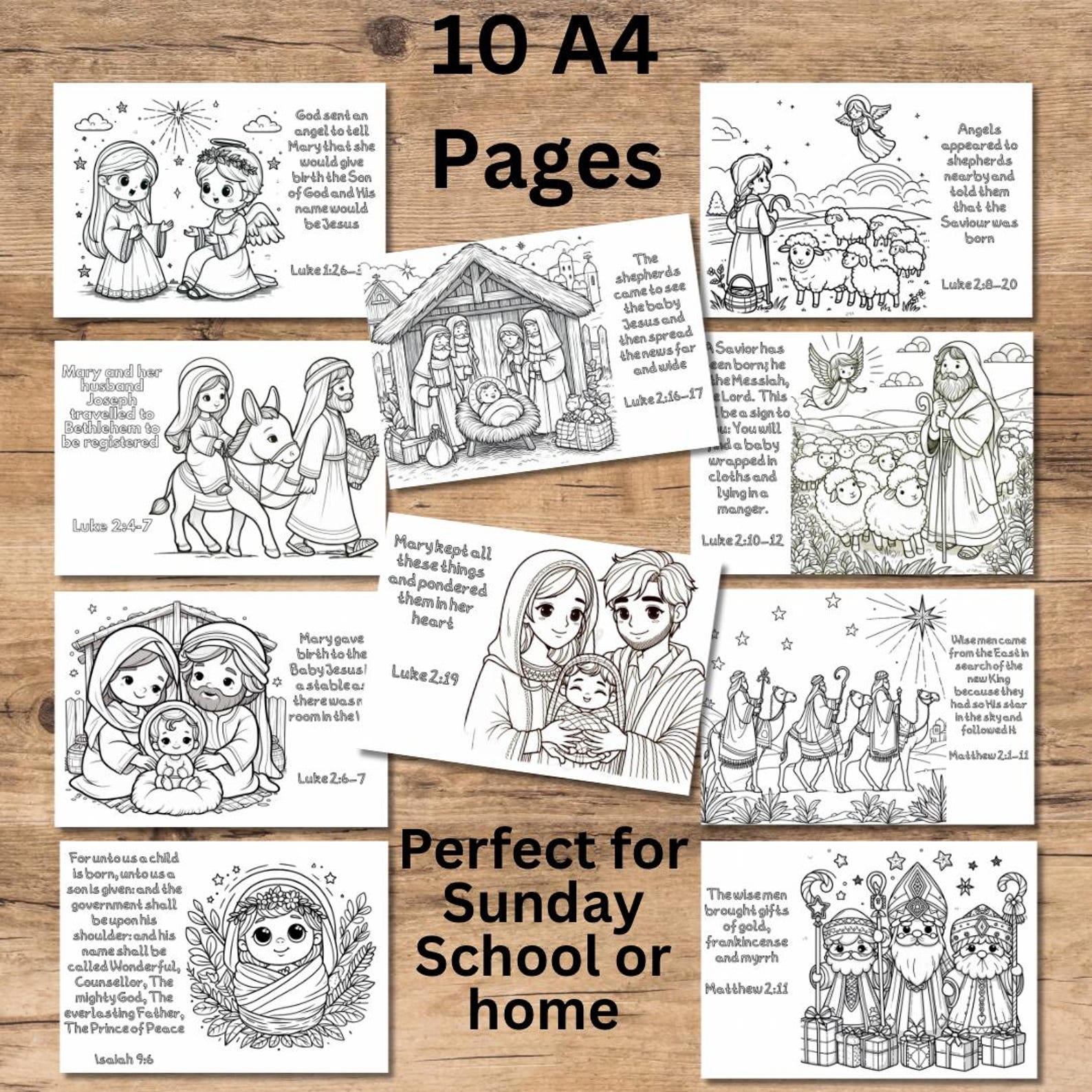 10 X NATIVITY FIRST CHRISTMAS With Bible Verse Colouring Pages. Sunday ...