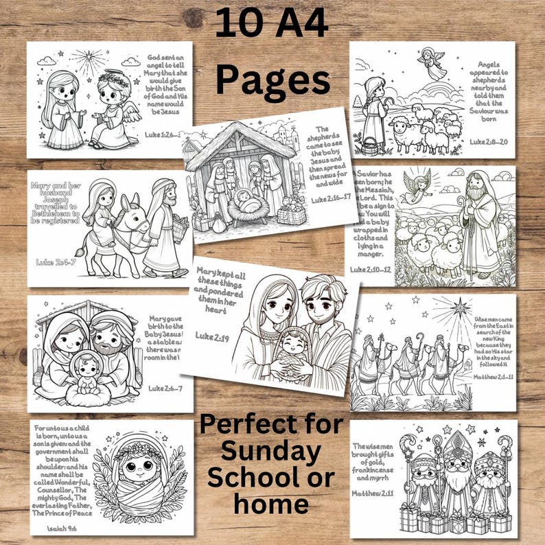 10 X NATIVITY FIRST CHRISTMAS With Bible Verse Colouring Pages. Sunday ...