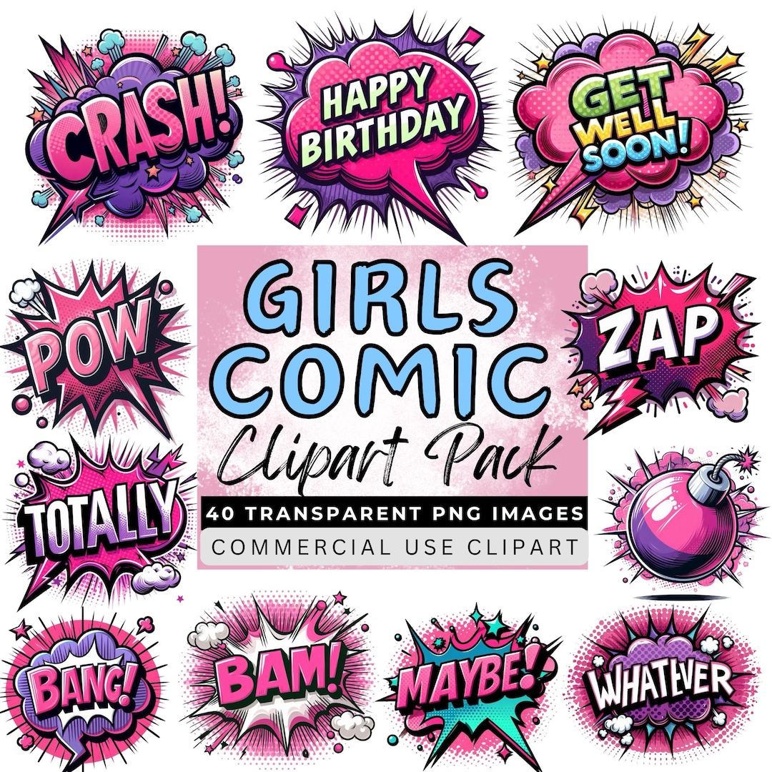 Girls Superhero COMIC BOOK Speech Bubbles & Sayings Clipart. Card ...