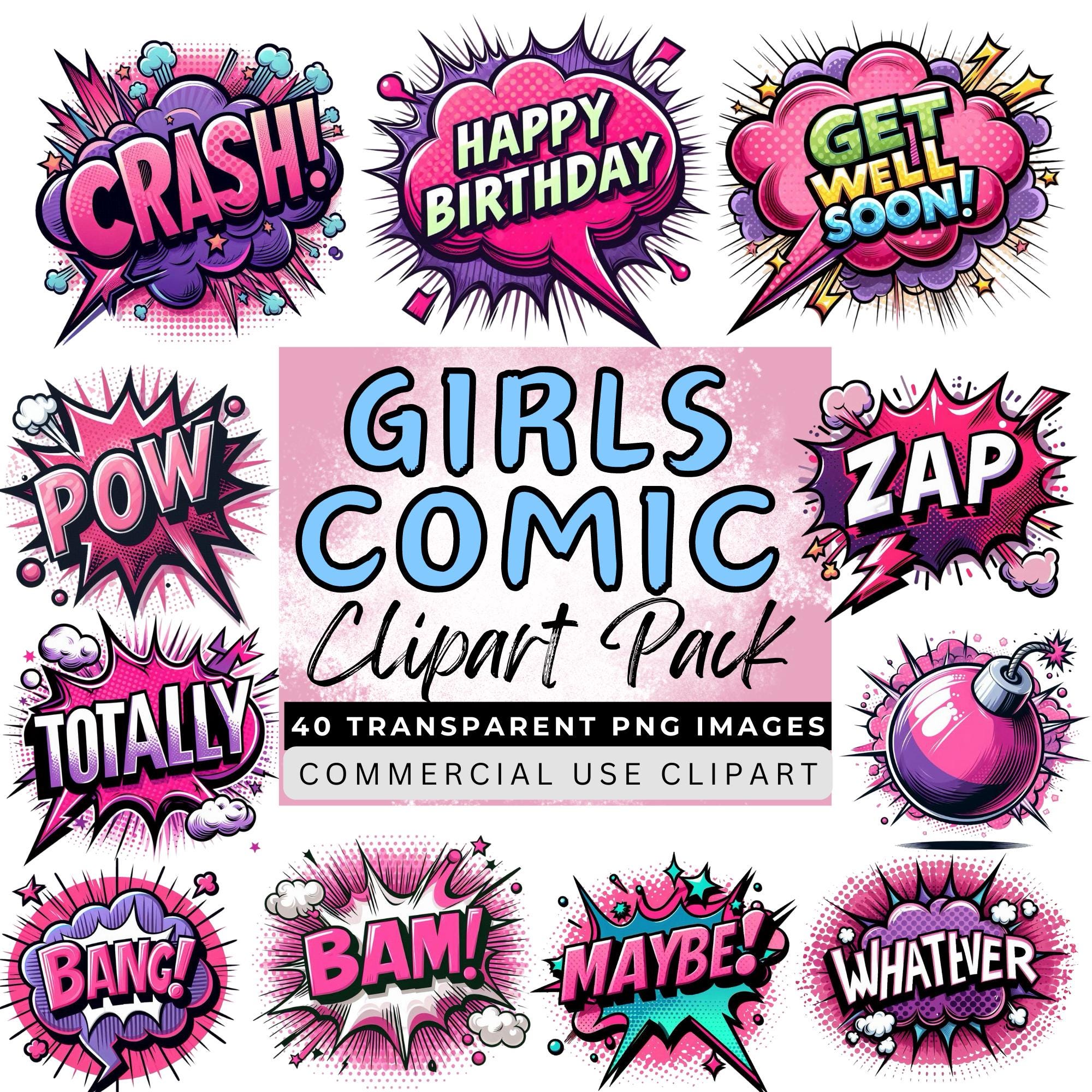 Girls Superhero COMIC BOOK Speech Bubbles & Sayings Clipart. Card ...