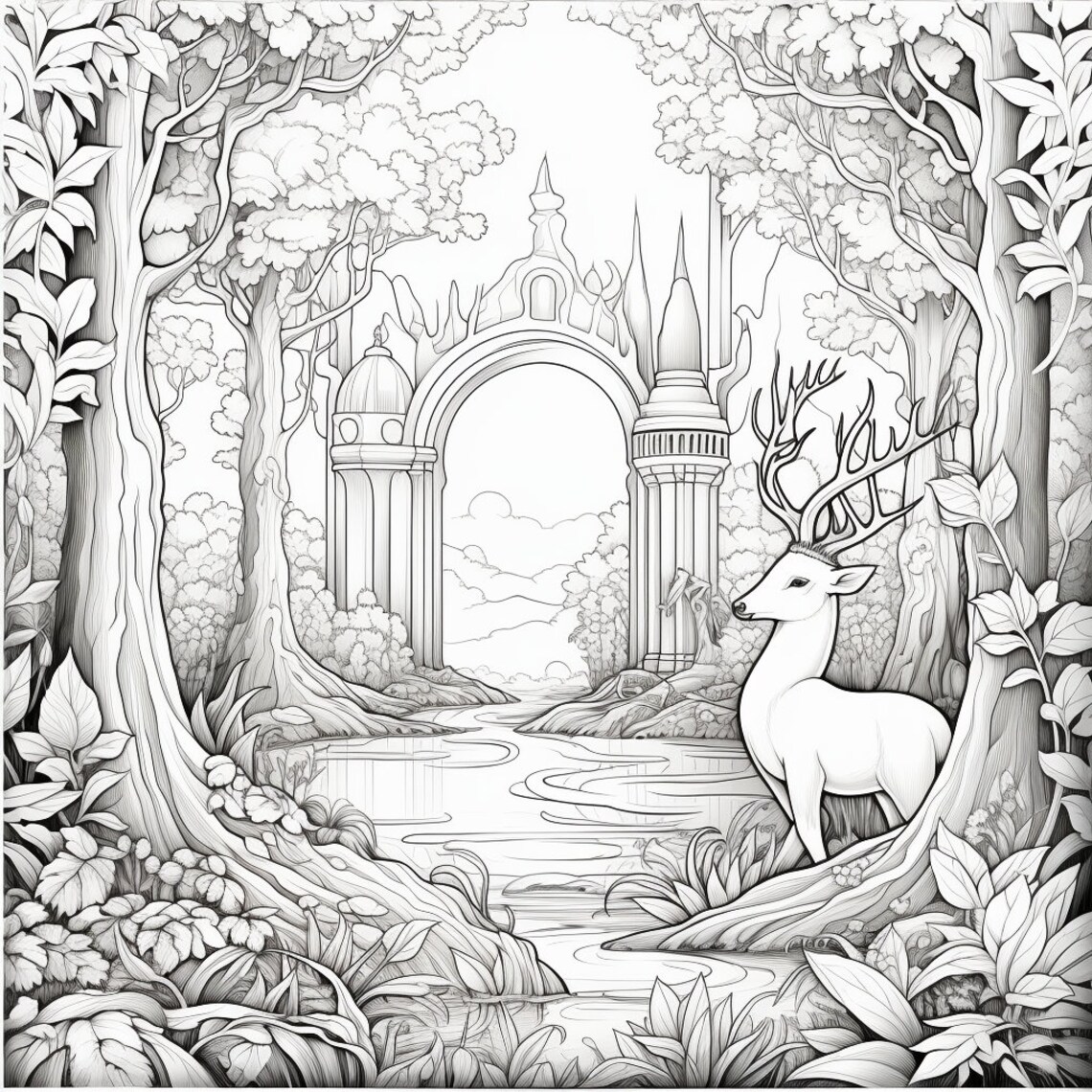 12 Coloring Pages, Magical Elven Forest, Adults and Children Printable ...