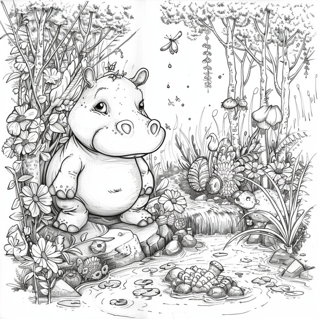 12 Hippo Animal Coloring Pages, Adults and Children Printable and ...