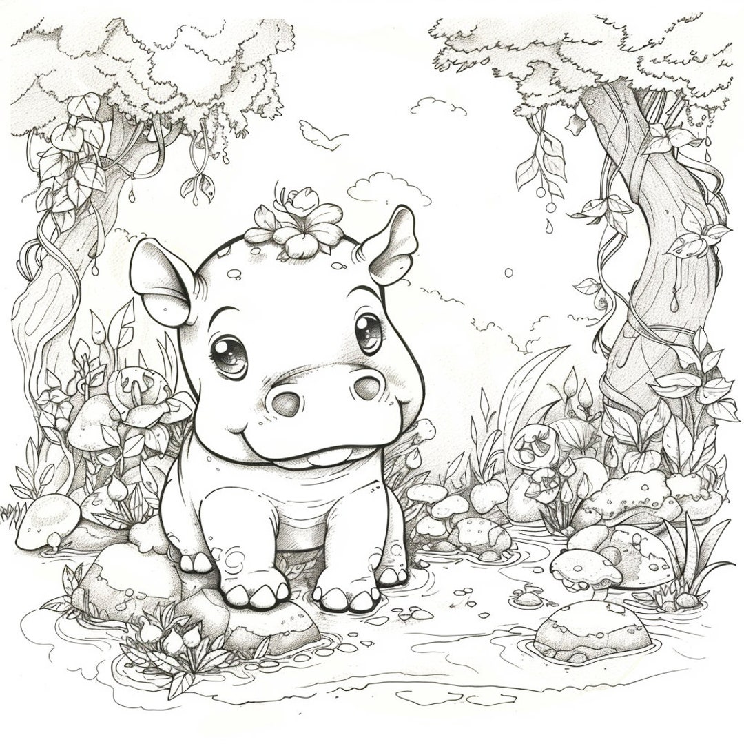 12 Hippo Animal Coloring Pages, Adults and Children Printable and ...