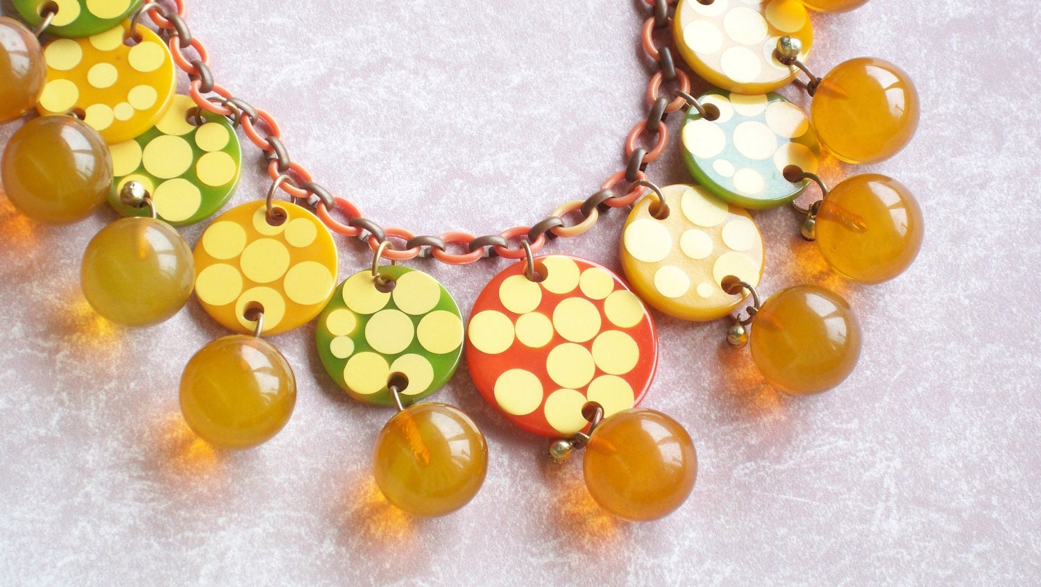Rare Bakelite Dot Necklace with Apple Juice Beads