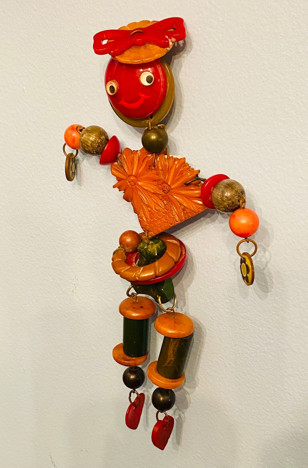 Jan Carlin Figural Cribtoy Style Brooch Utilizing Vintage Bakelite ...