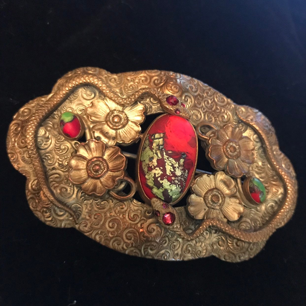 Neiger? Czech Sash Brooch Snake with Flowers and Foiled Art Glass