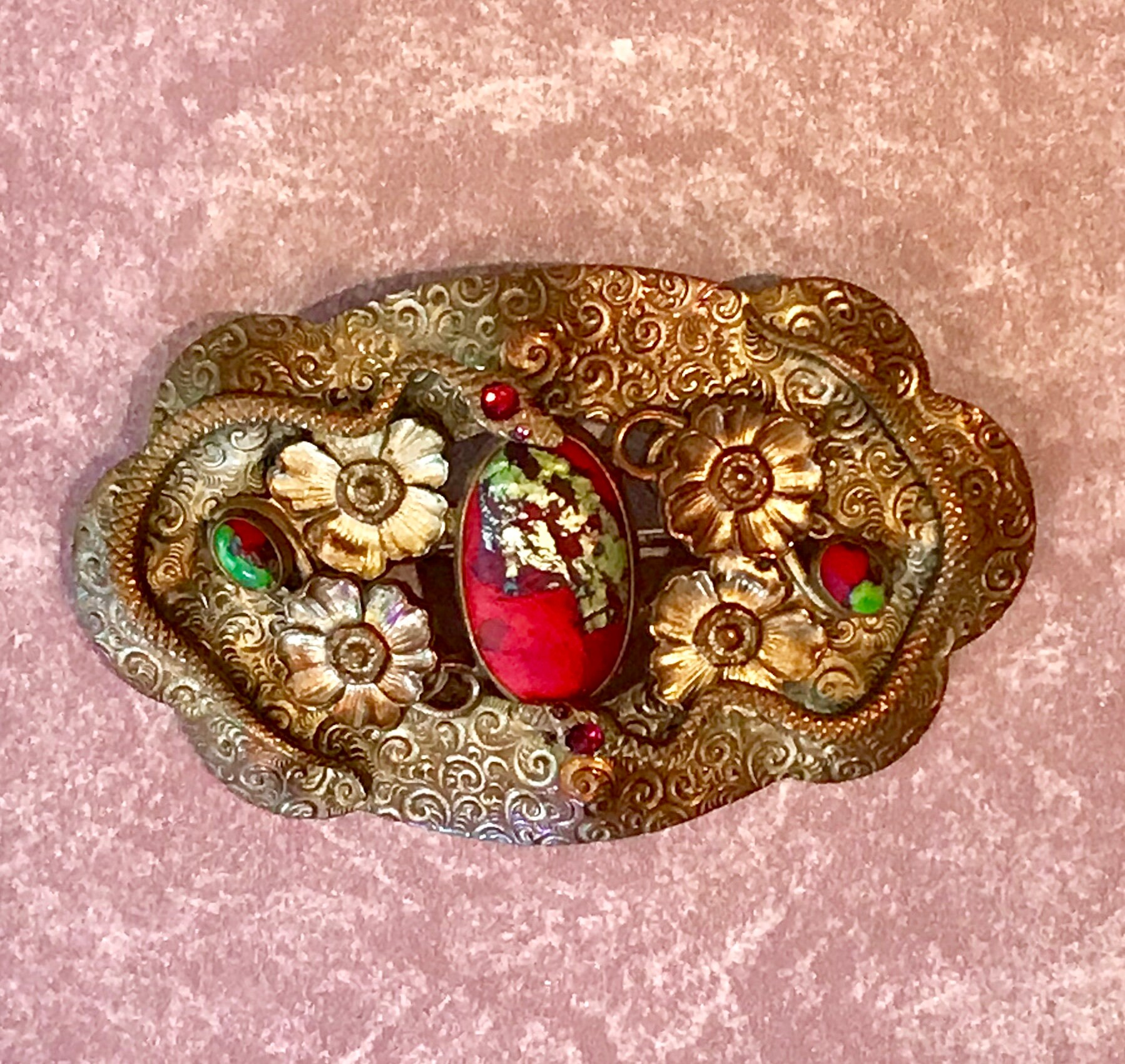 Neiger? Czech Sash Brooch Snake with Flowers and Foiled Art Glass