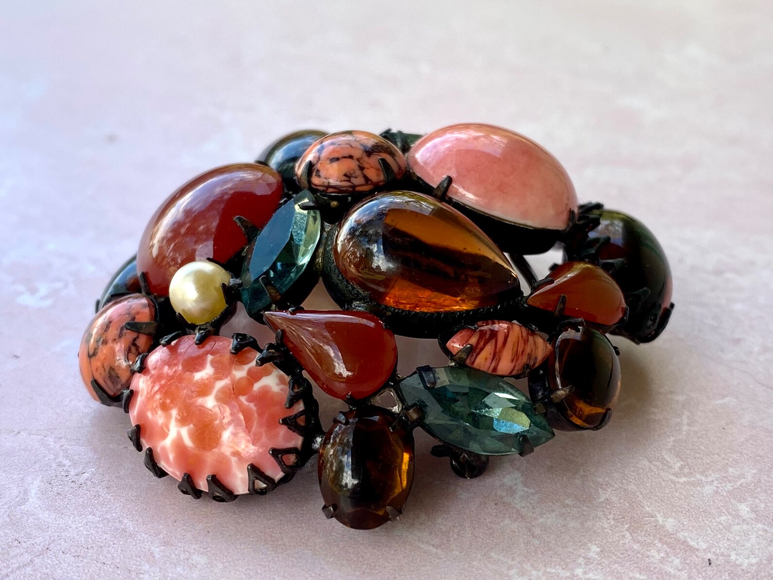 Schreiner Fabulous Domed Coral Matrix End of Day Brooch - Etsy