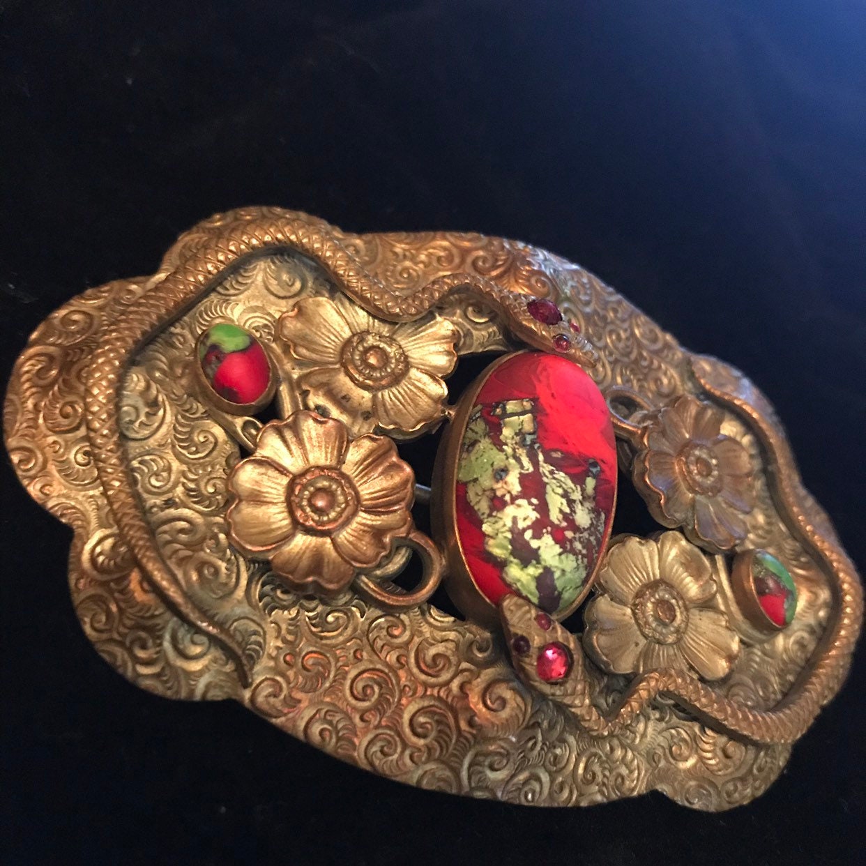 Neiger? Czech Sash Brooch Snake with Flowers and Foiled Art Glass