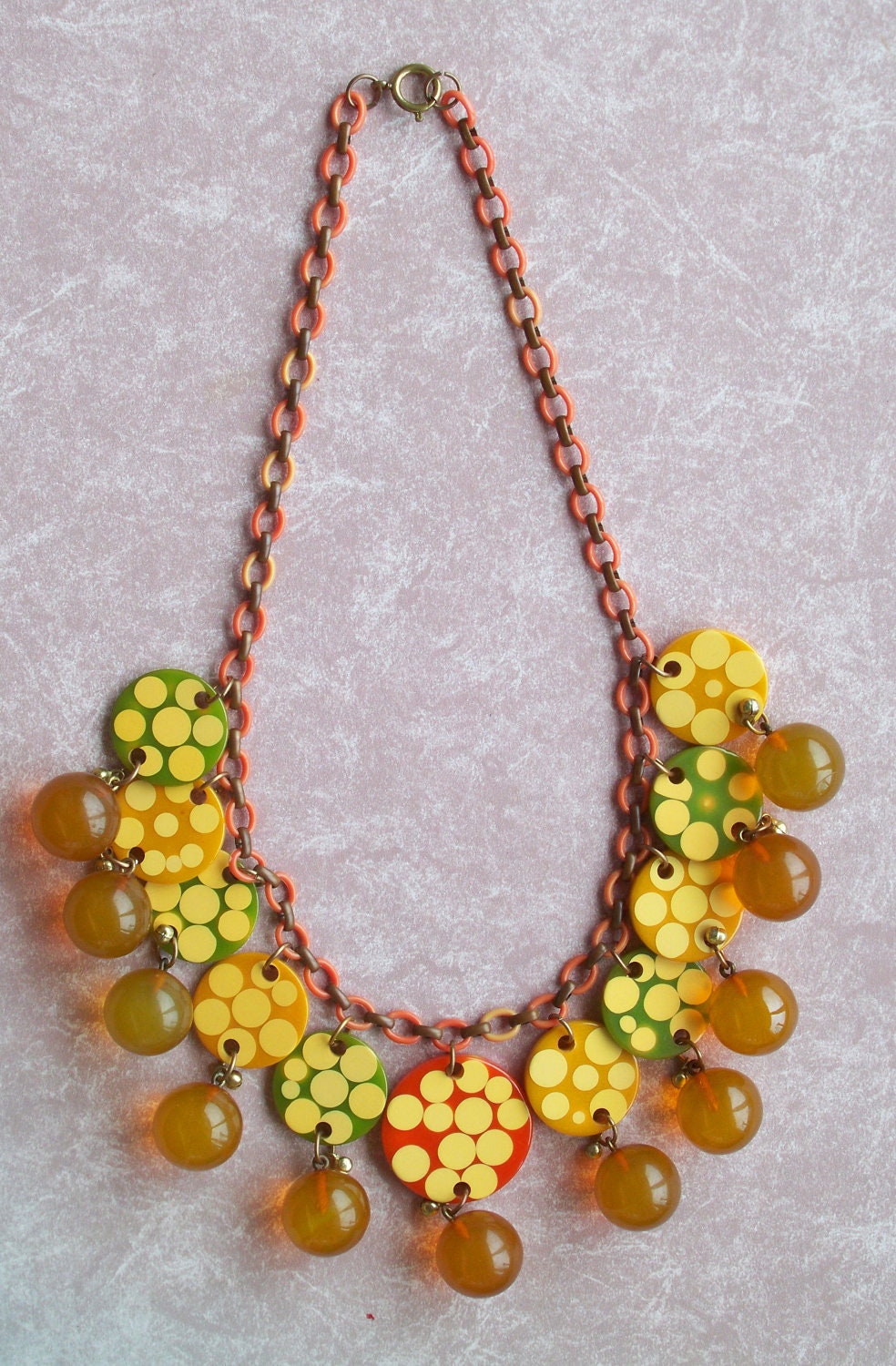 Rare Bakelite Dot Necklace with Apple Juice Beads