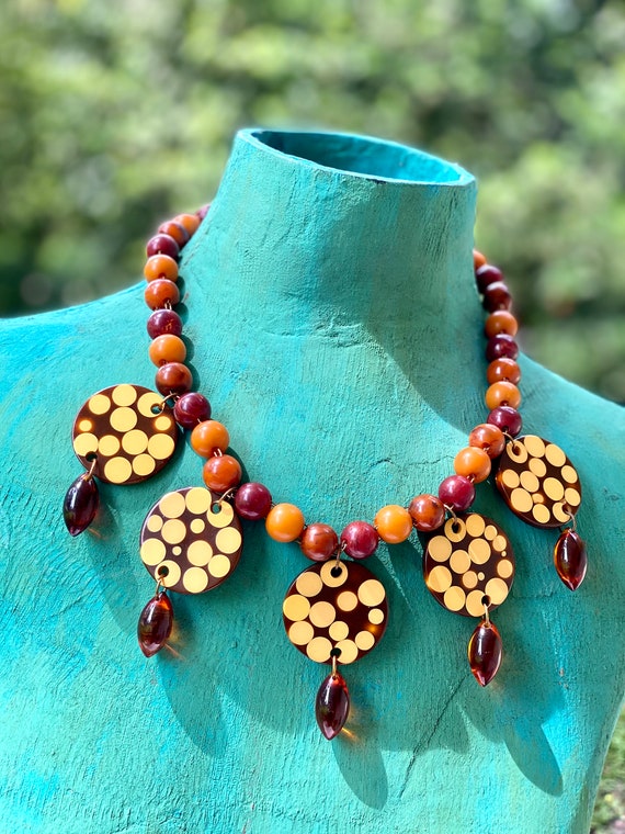 Rare Bakelite Dot Necklace with Root beer dangle Bea… - Gem