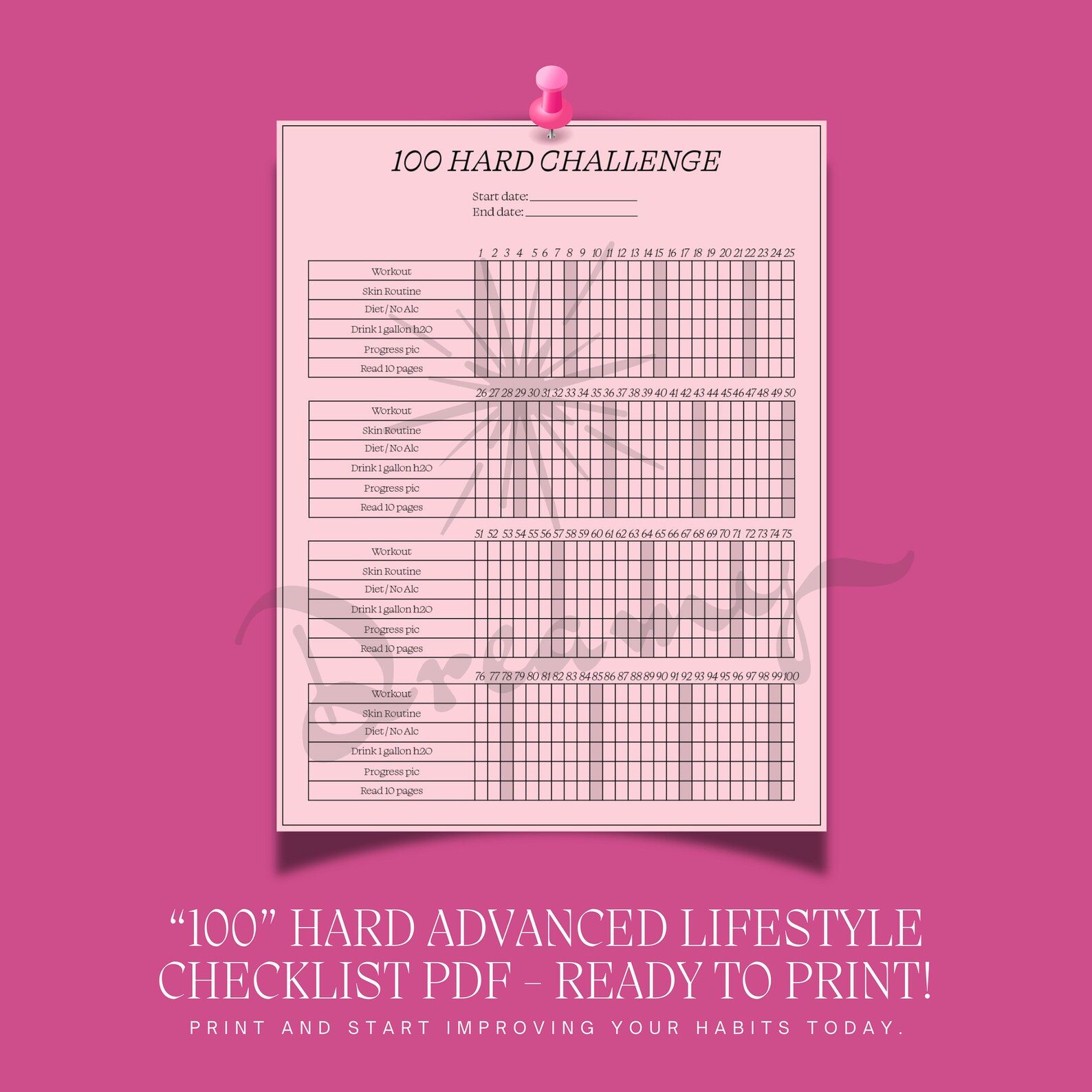 100 HARD Fitness Tracker Extra 25 Days Extended Challenge Tracker ...