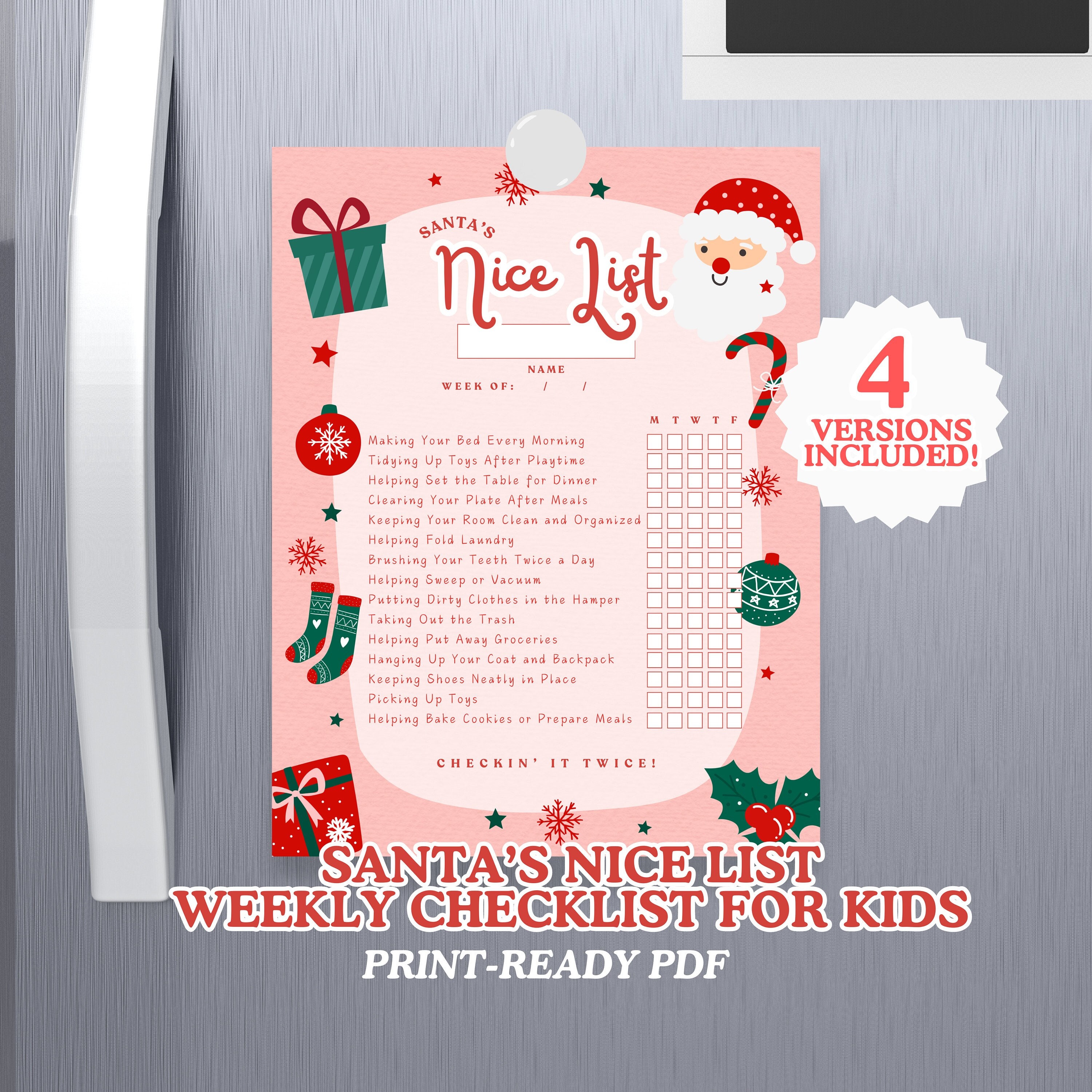 SANTA'S NICE LIST - Weekly Checklist for Kids - 8.5"x11 - 4 Versions ...
