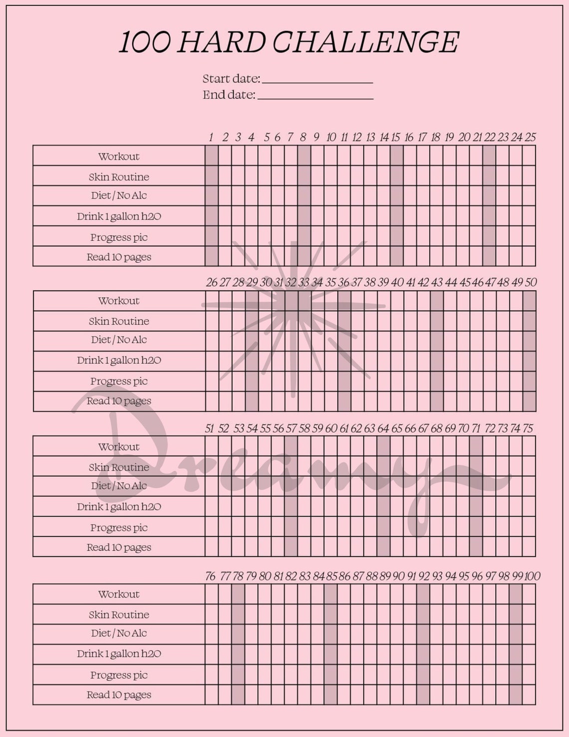 100 HARD Fitness Tracker - Extra 25 Days - Extended Challenge Tracker ...