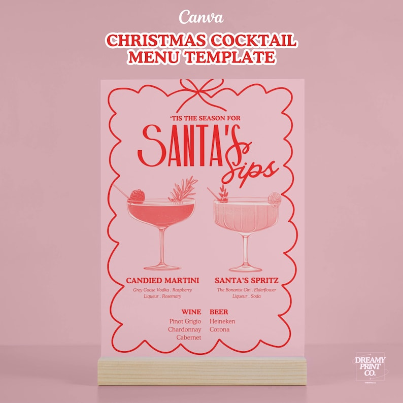 CHRISTMAS COCKTAIL MENU Template Retro Vintage Monochromatic Holiday ...