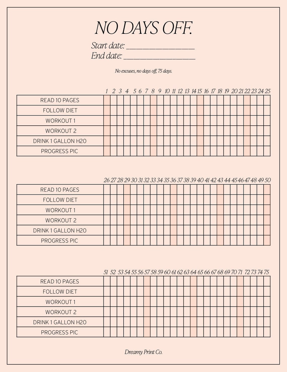 HARD No Days off Challenge 75 Days Single Page Checklist PDF Printout ...