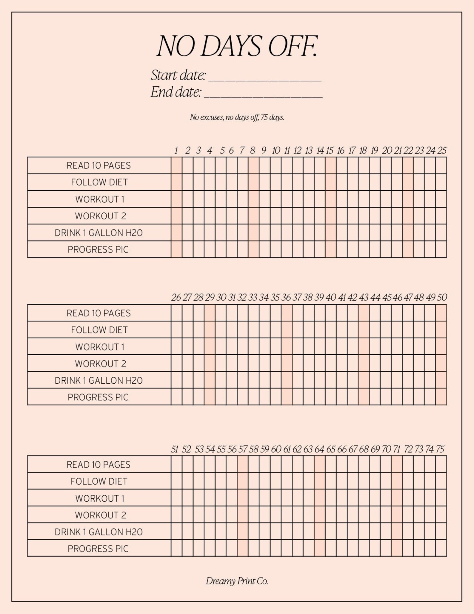 HARD No Days off Challenge 75 Days Single Page Checklist PDF Printout ...