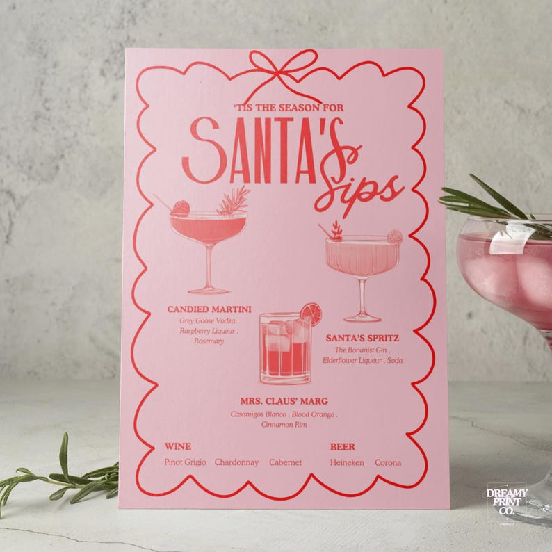 CHRISTMAS COCKTAIL MENU Template Retro Vintage Monochromatic Holiday ...