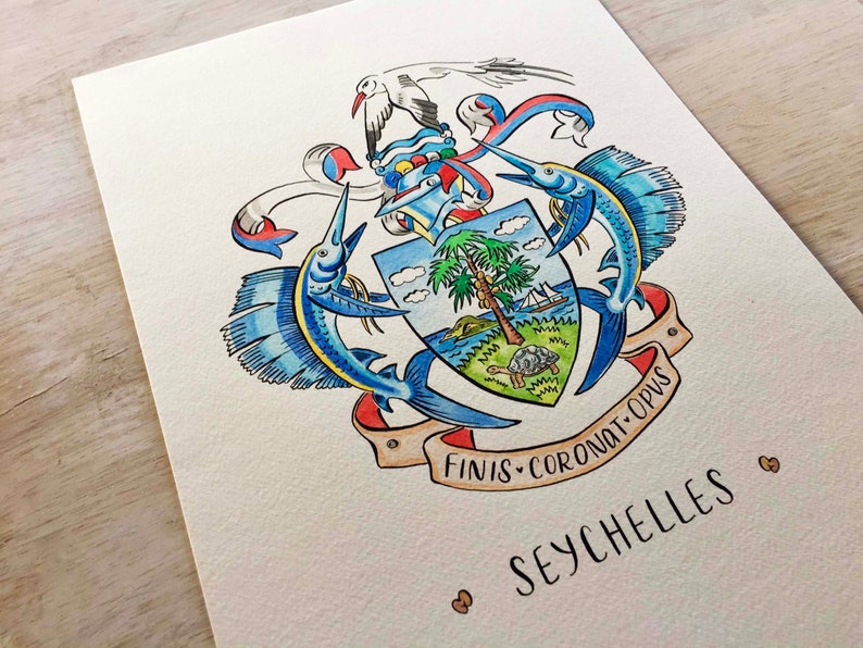 Seychelles Coat of Arms Illustrated Hand Painted Watercolor - Etsy