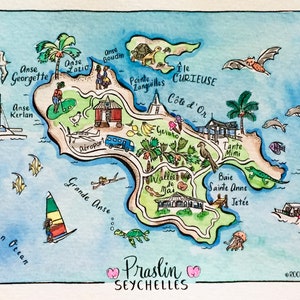 Illustrated Hand Painted Watercolor Map Postcard | Praslin | Seychelles ...