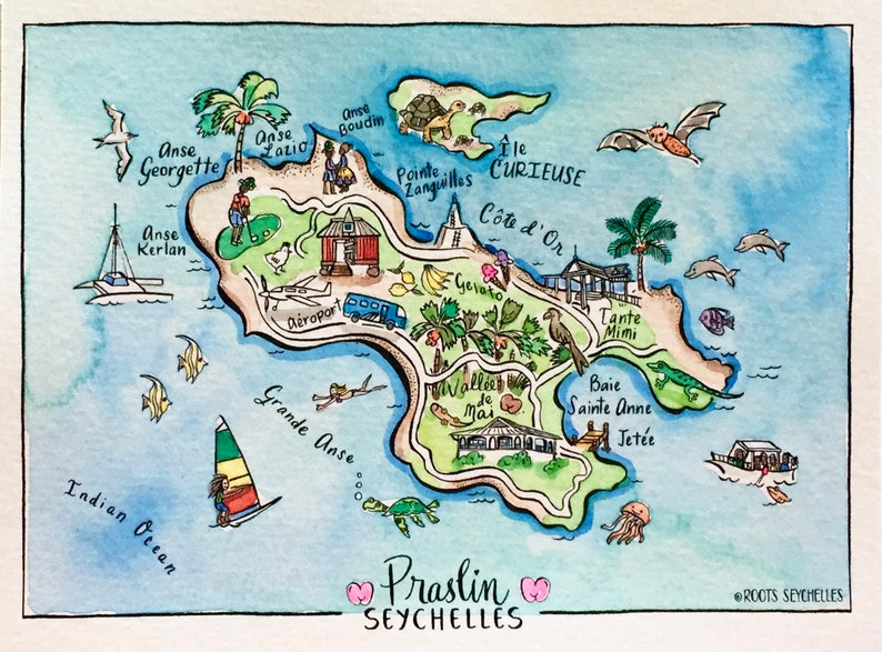 Illustrated Hand Painted Watercolor Map Postcard Praslin | Etsy