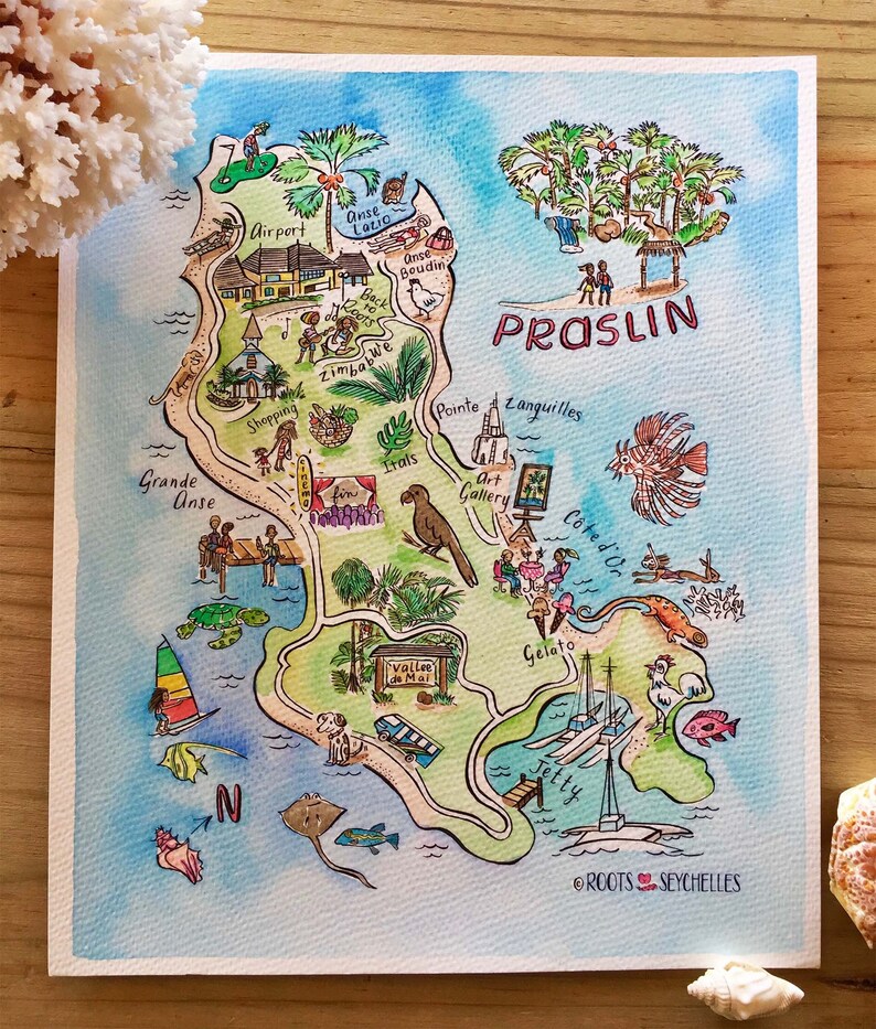 Illustrated Hand Painted Watercolor Map of Seychelles | Praslin - Etsy