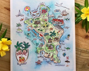 Illustrated Hand Painted Watercolor Map of Seychelles | Praslin - Etsy