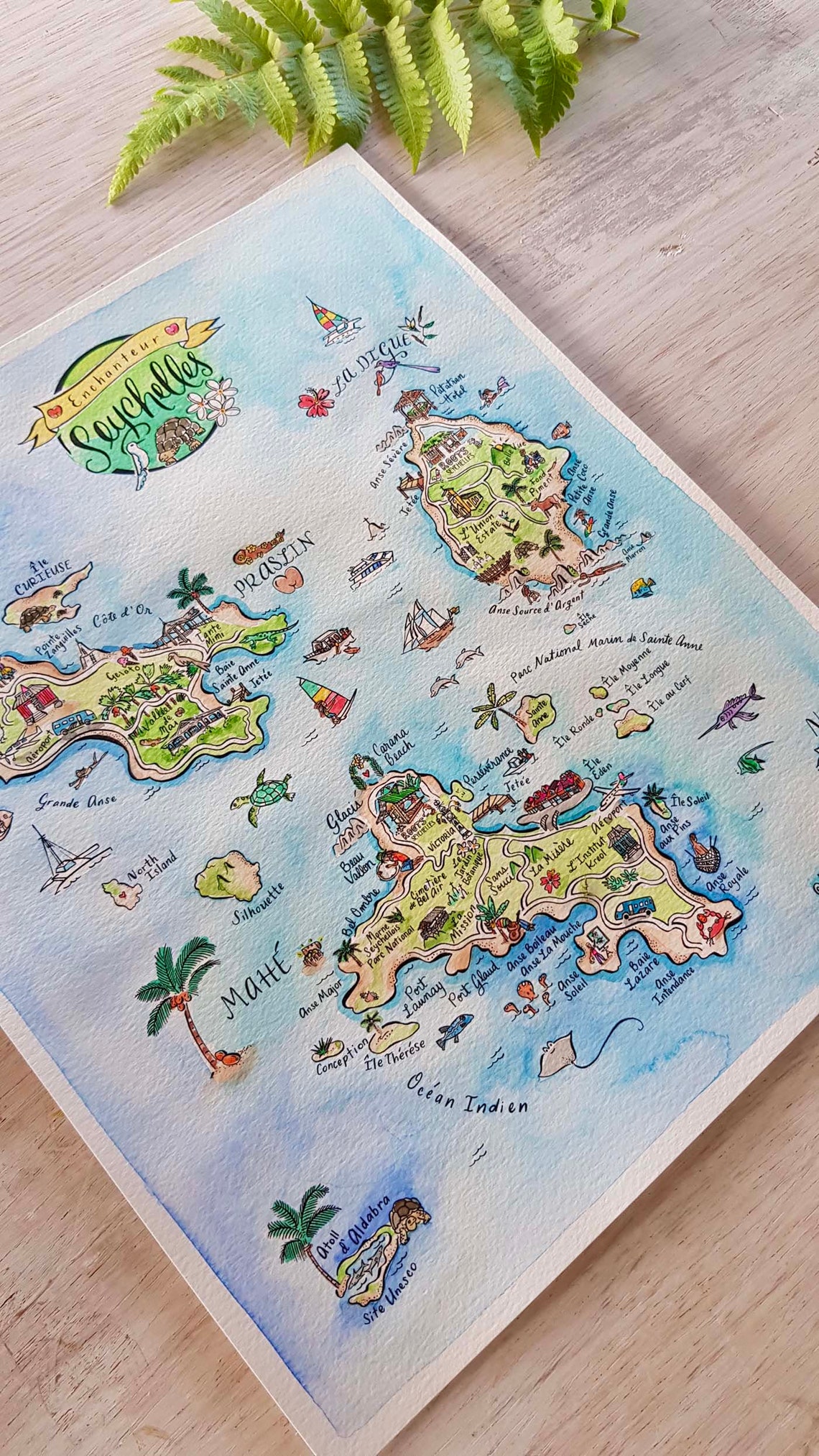Illustrated Hand Painted Watercolor Map of Seychelles 3 Main Islands - Etsy