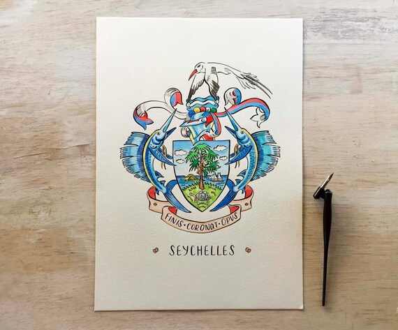 Seychelles Coat of Arms Illustrated Hand Painted Watercolor | Etsy
