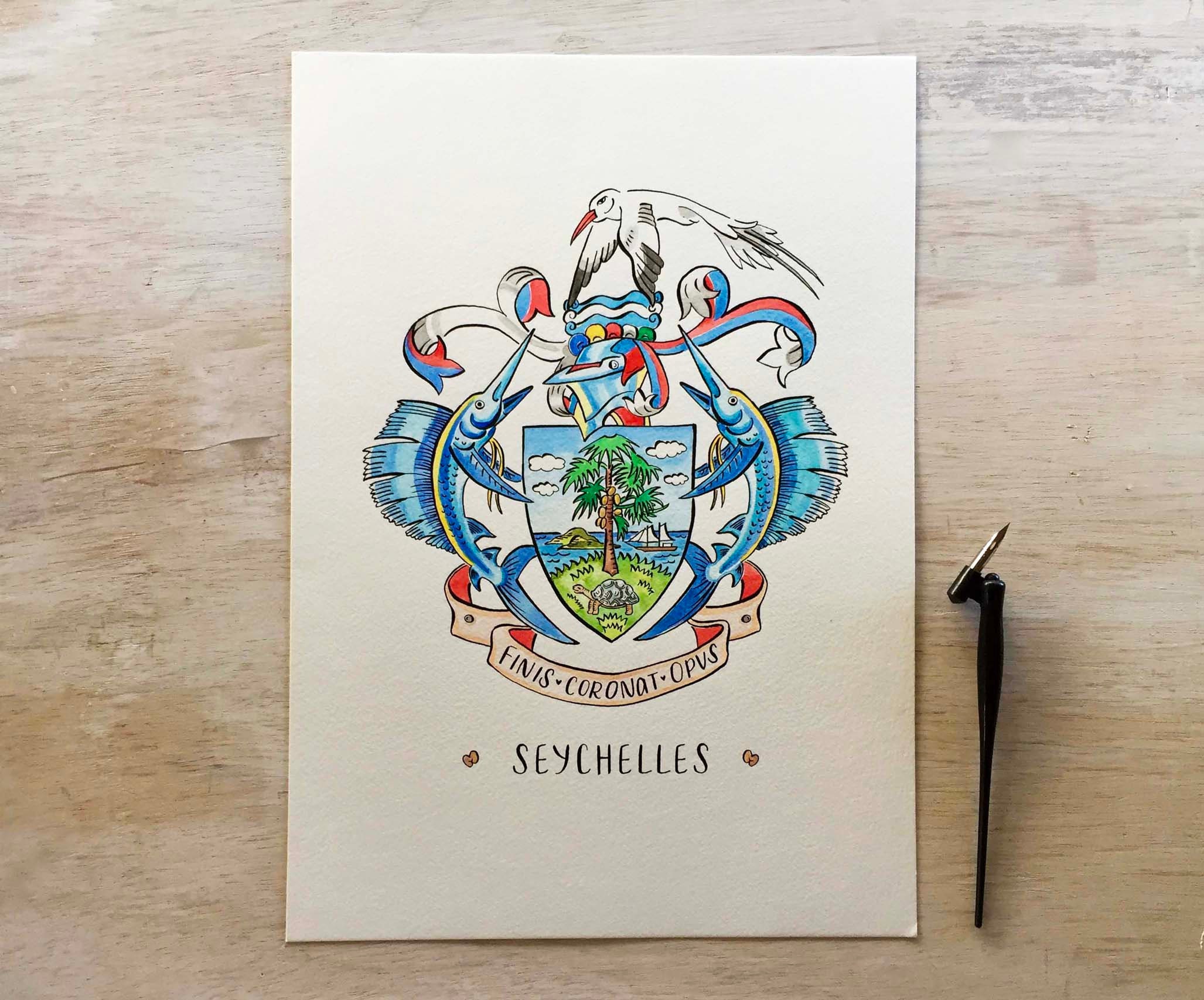 Seychelles Coat of Arms Illustrated Hand Painted Watercolor - Etsy