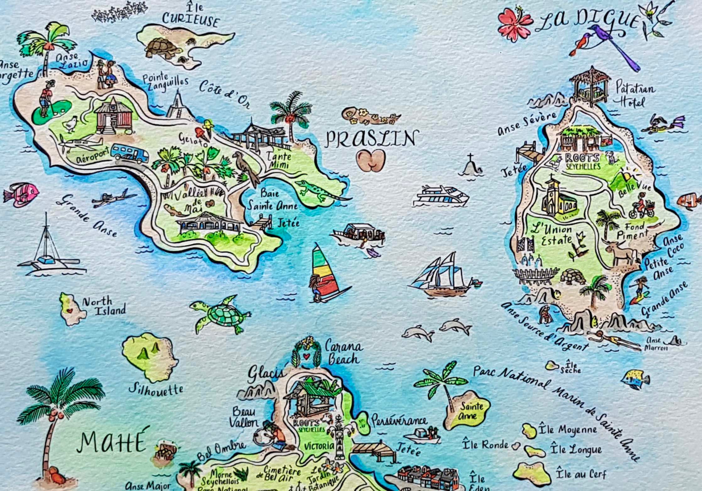 Illustrated Hand Painted Watercolor Map of Seychelles 3 Main Islands - Etsy