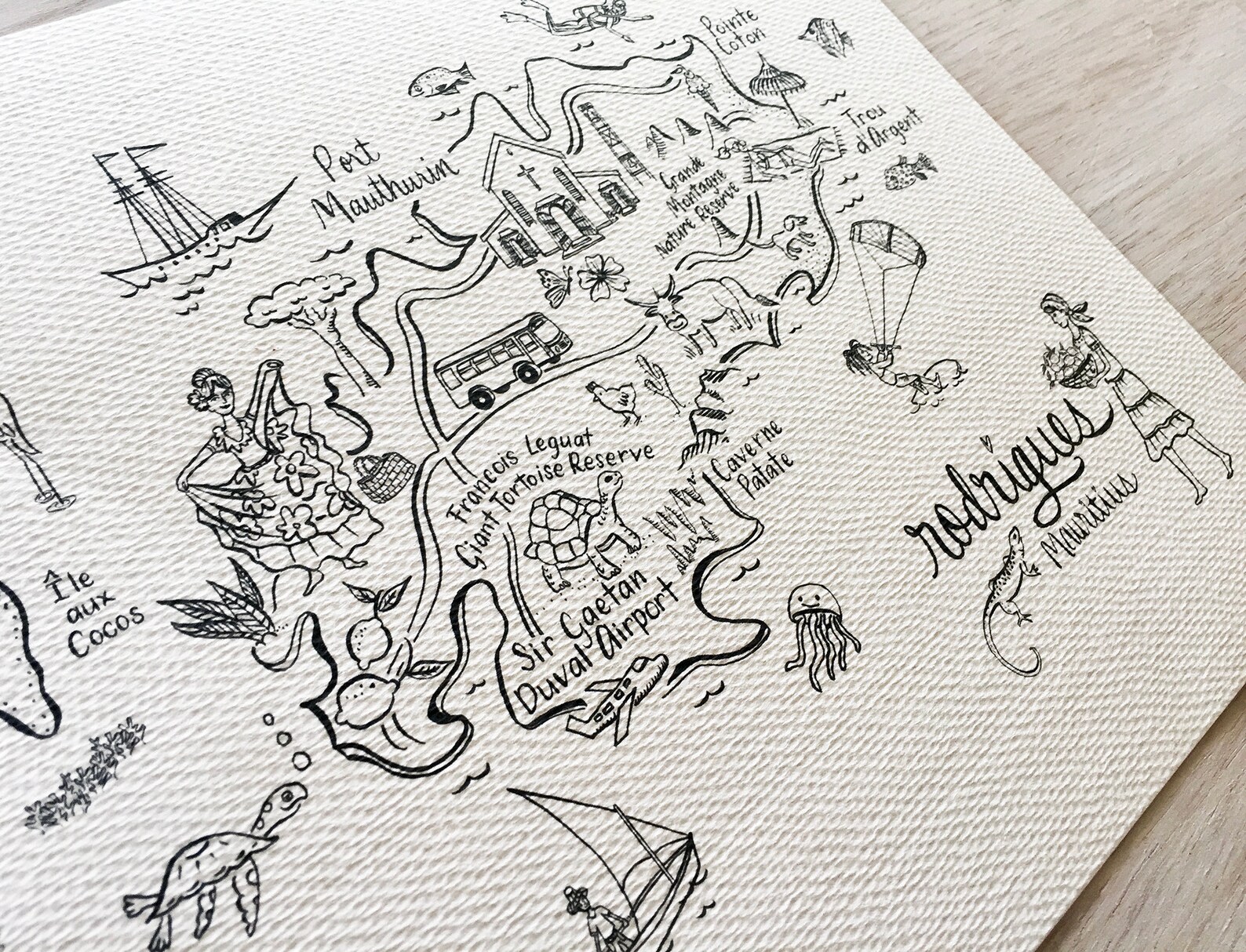 Illustrated Hand Drawn Map of Rodrigues Island Mauritius | Etsy