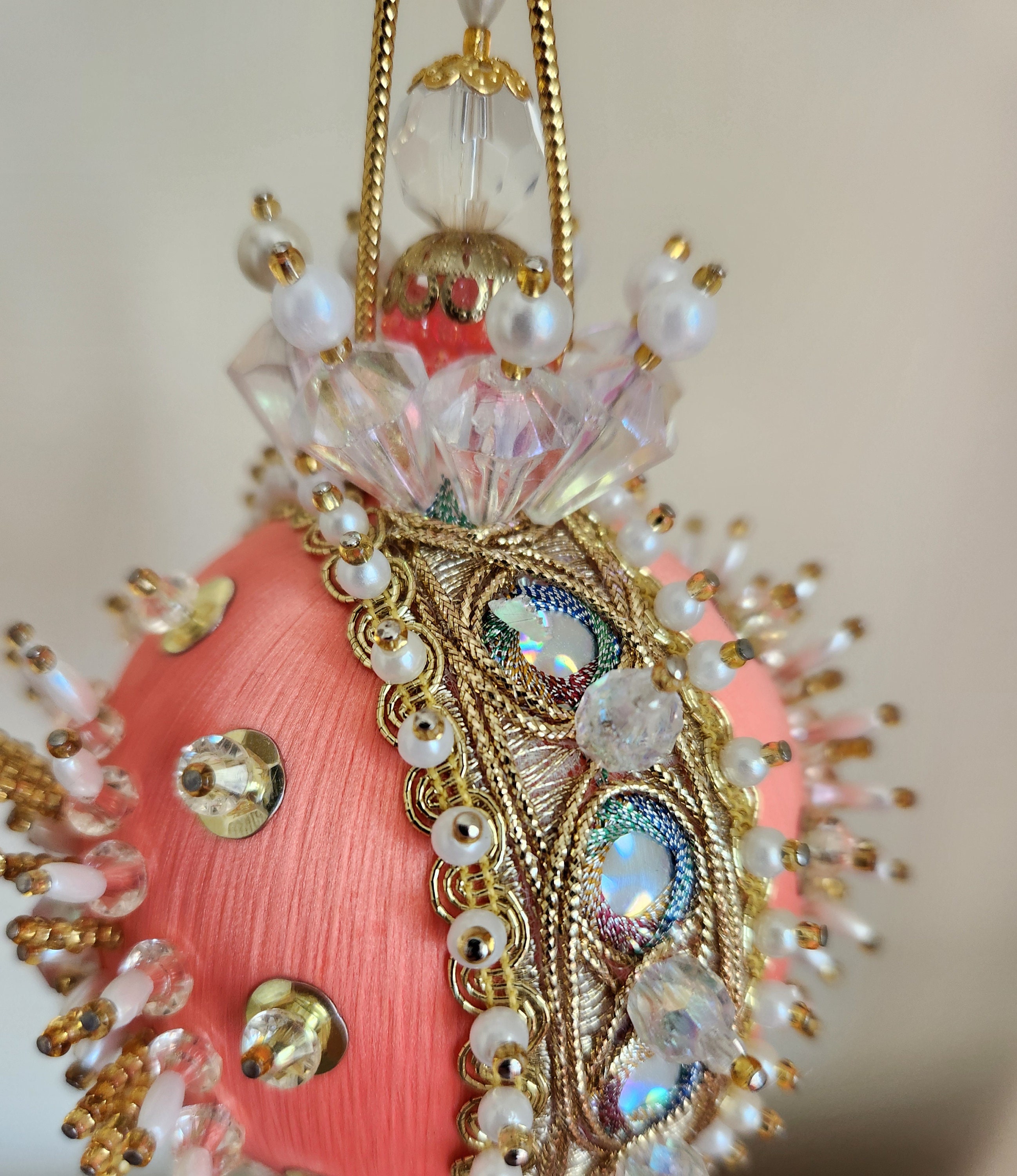 Beaded Ornament Kit 3 Salmon Color Ball With Gold Trim, Crystals and ...
