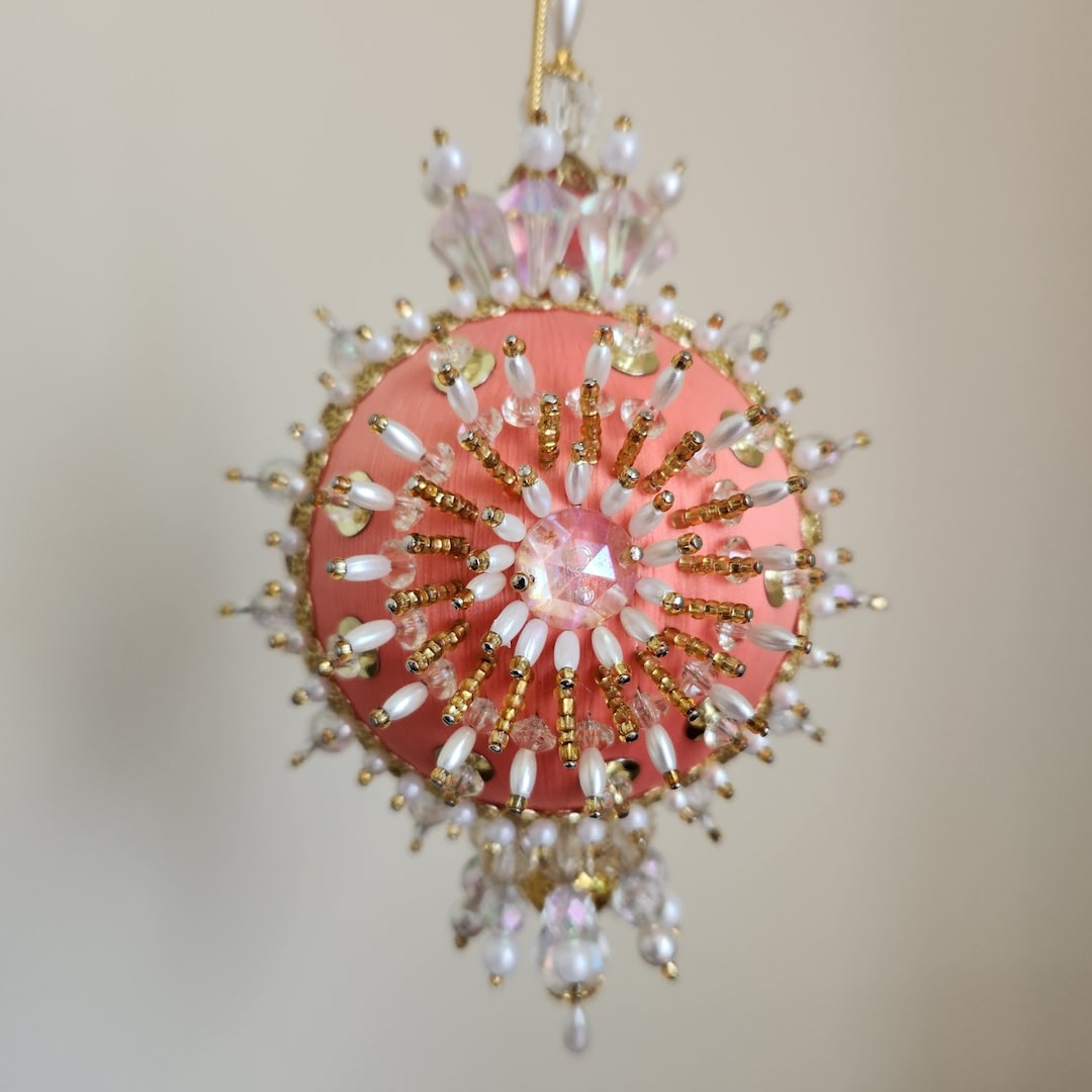 3" Satin Ball Beaded Ornament Kit, Salmon Color Ball With Gold Trim ...