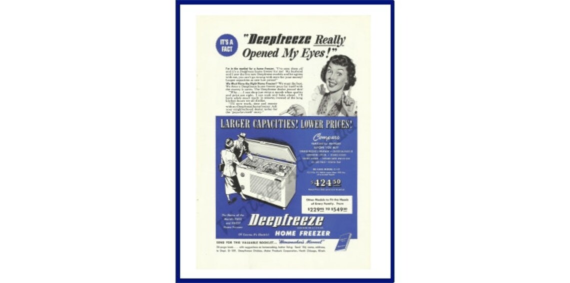 DEEPFREEZE HOME FREEZER Original 1949 Vintage Blue-colorized Print Ad ...