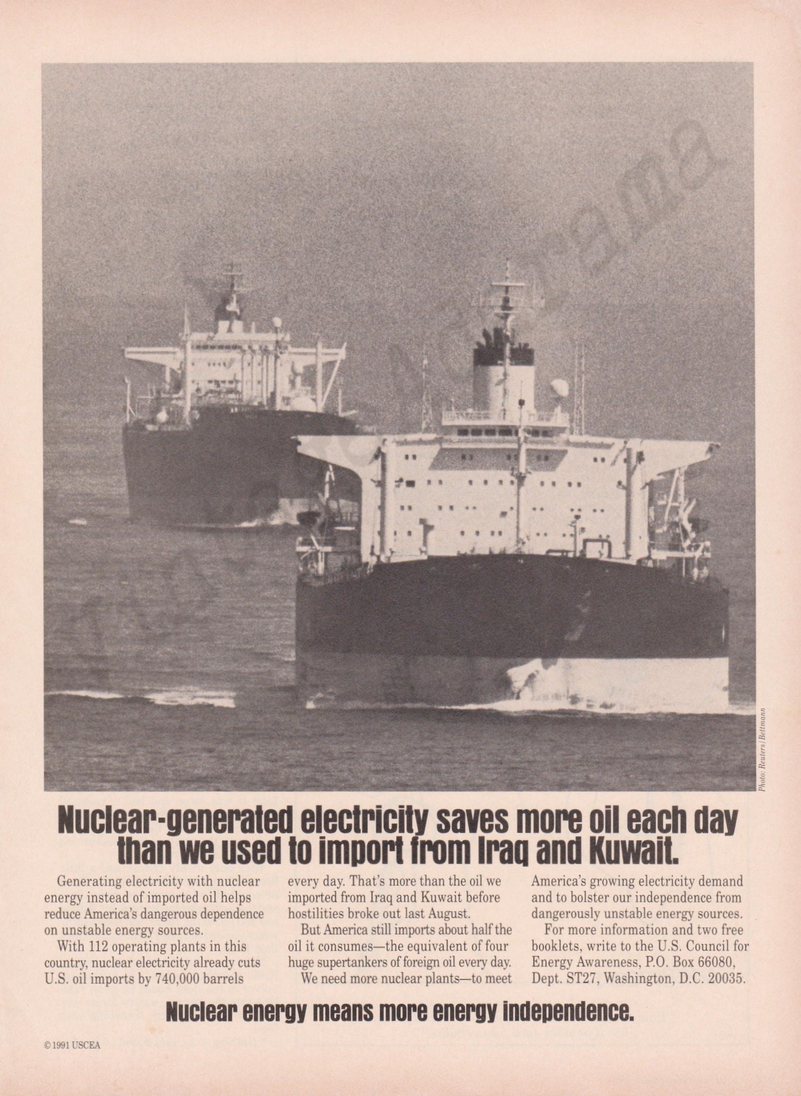 NUCLEAR ENERGY Original 1991 Vintage Black & White Print Advertisement ...