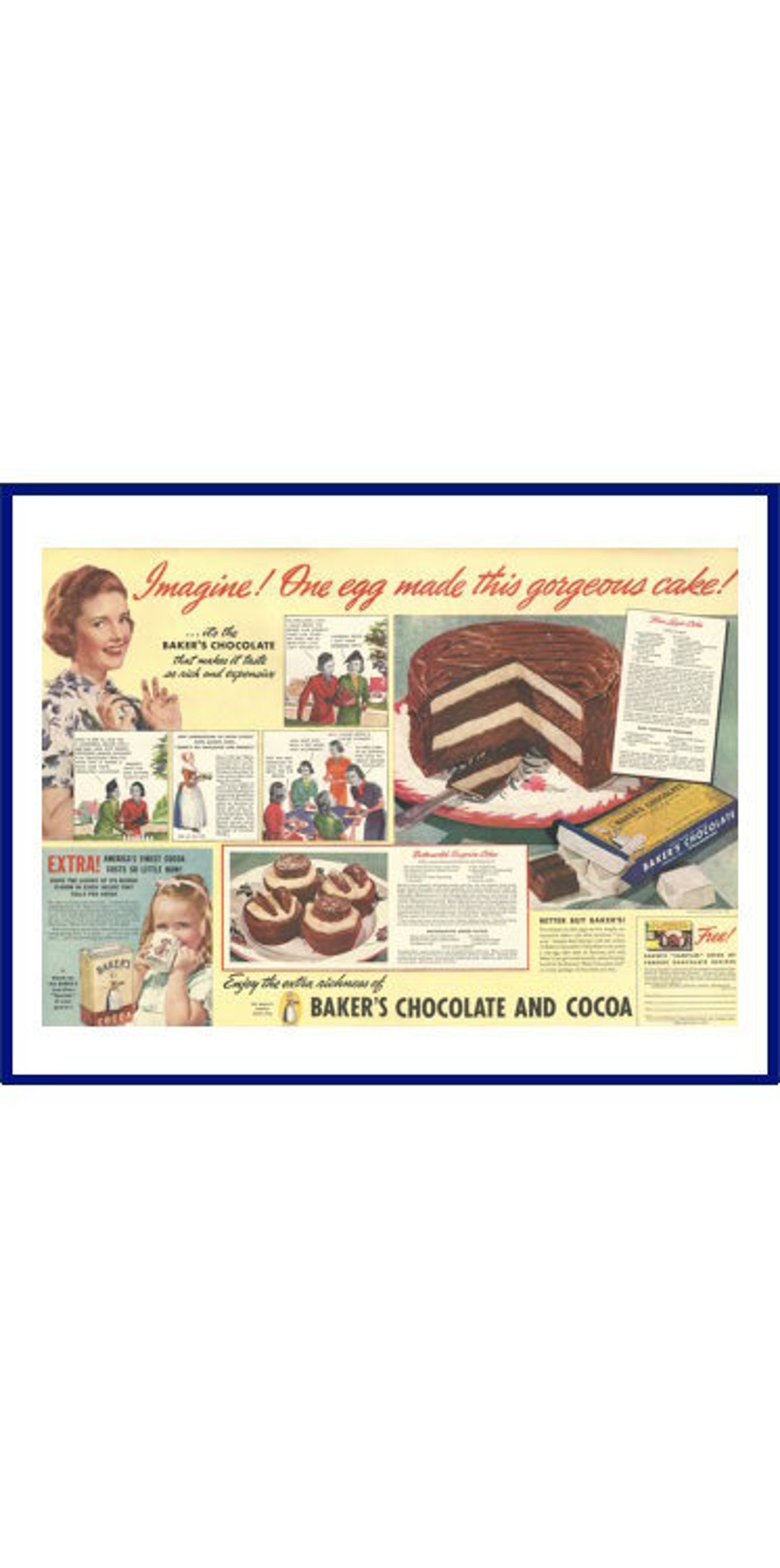 BAKER'S CHOCOLATE Original 1937 Vintage Extra Large Color Print ...