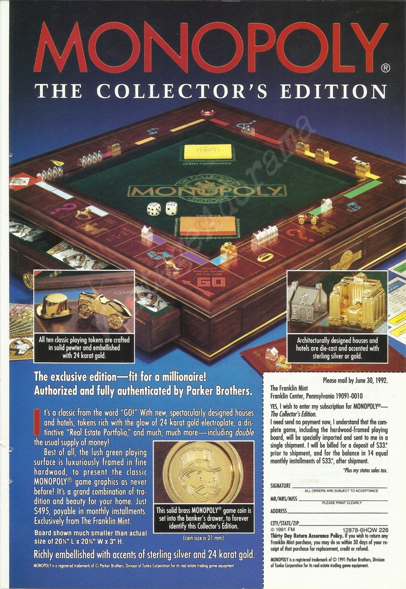 MONOPOLY BOARD GAME Original 1992 Vintage Color Print Advertisement ...
