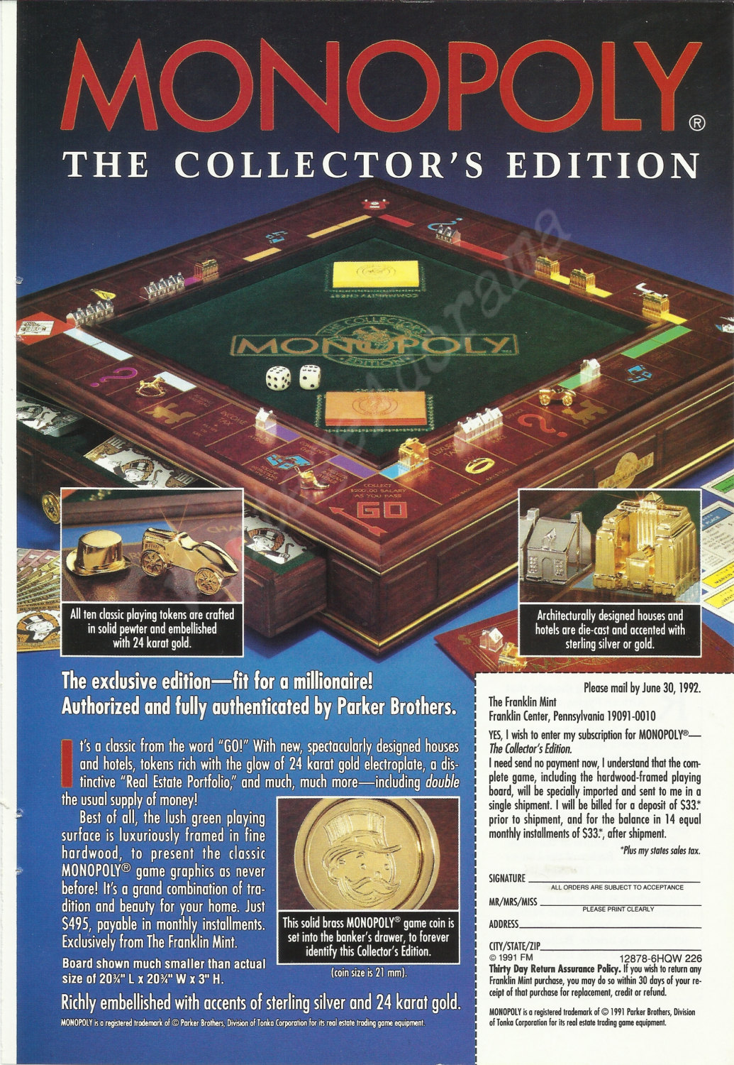 MONOPOLY BOARD GAME Original 1992 Vintage Color Print Advertisement ...