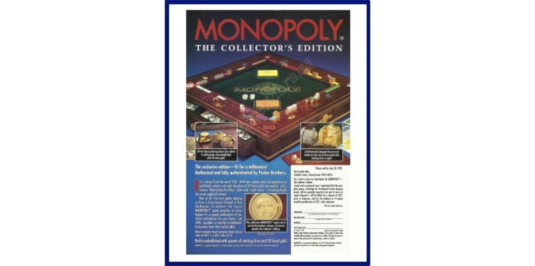 MONOPOLY BOARD GAME Original 1992 Vintage Color Print Advertisement ...