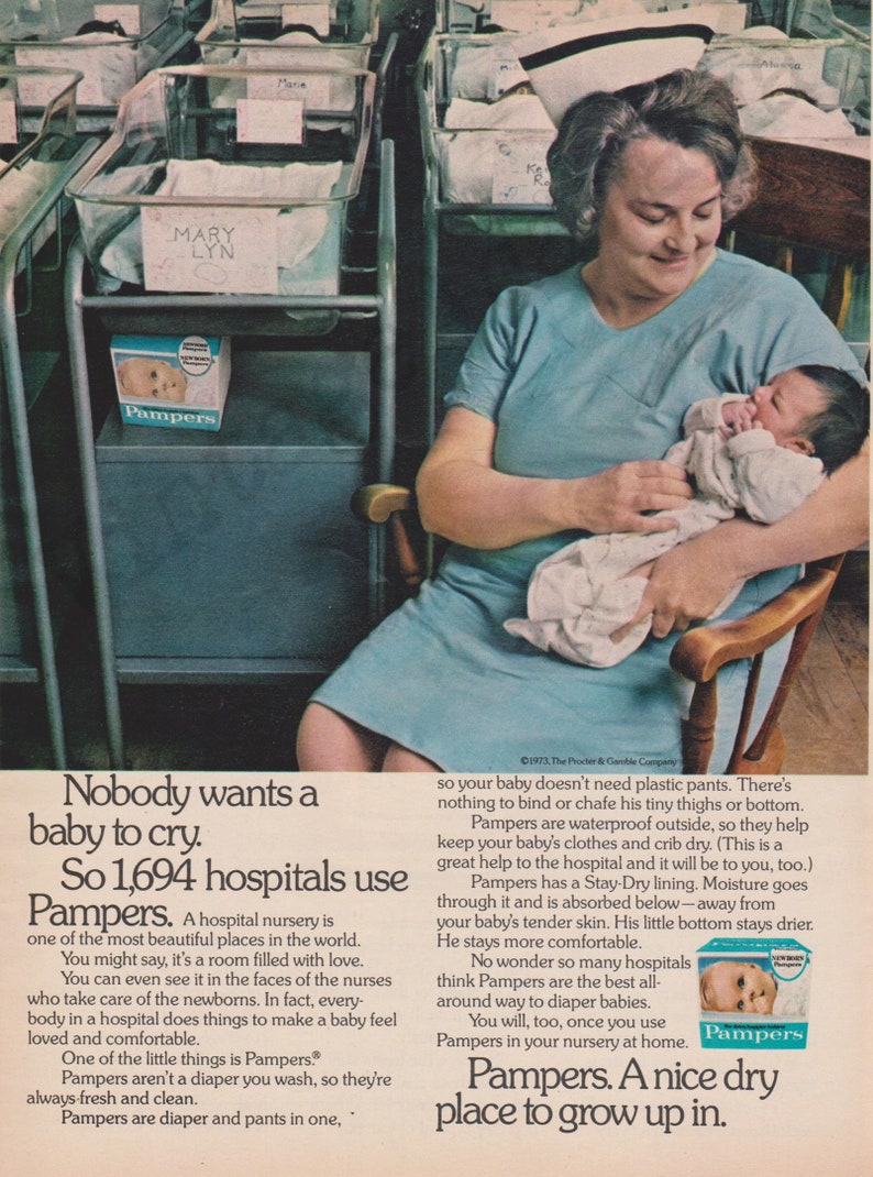 PAMPERS DISPOSABLE DIAPERS Original 1973 Vintage Color Print ...