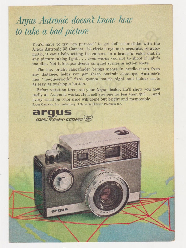 ARGUS Autronic 35 Camera Original 1961 Vintage Print Advertisement ...